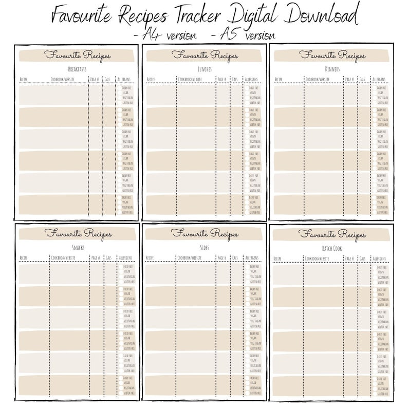 Favourite Recipe Tracker Digital Download Organiser Journal Pages - Etsy