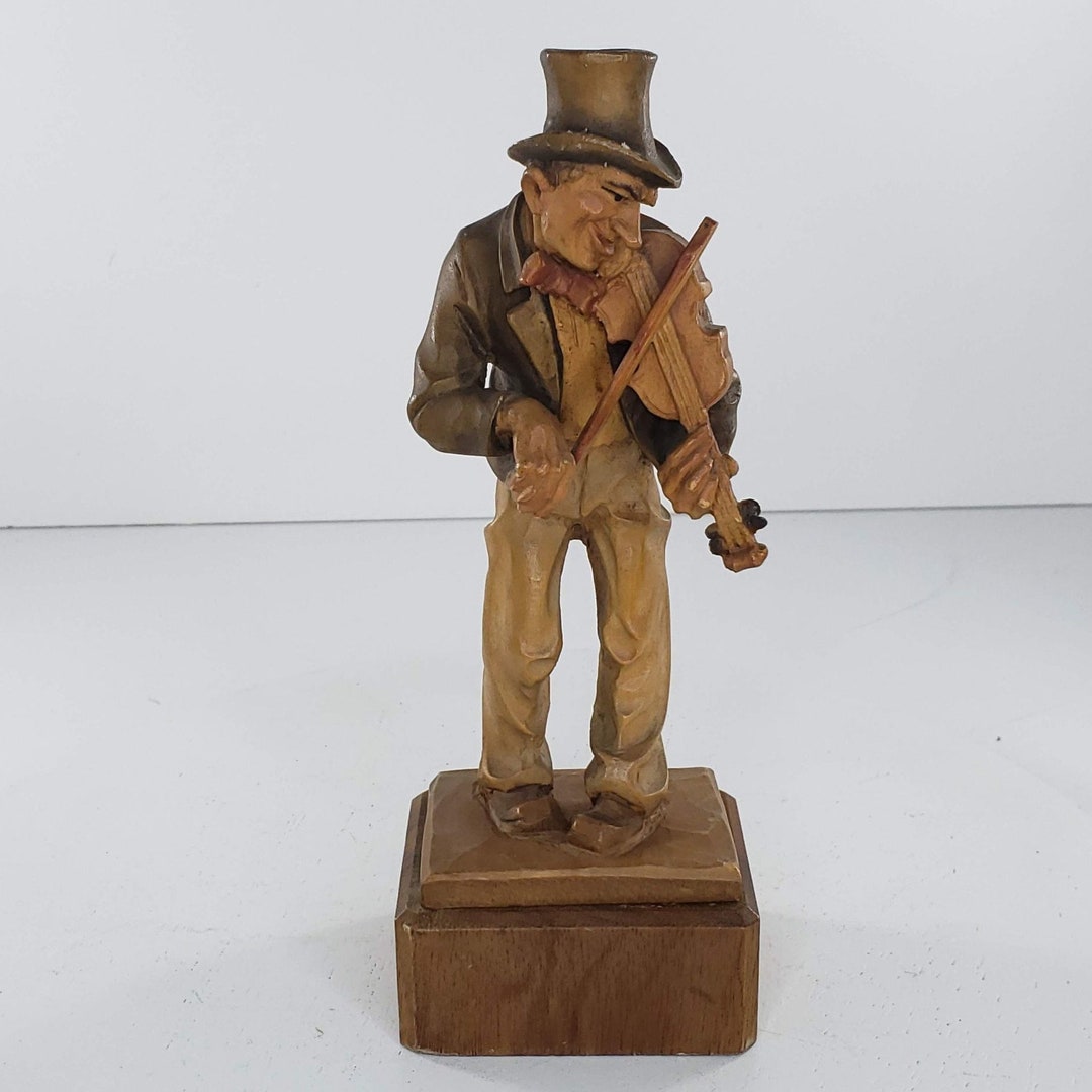 Swiss Hand Carved Vintage Folk Art Statue Fiddle Violin Player ...