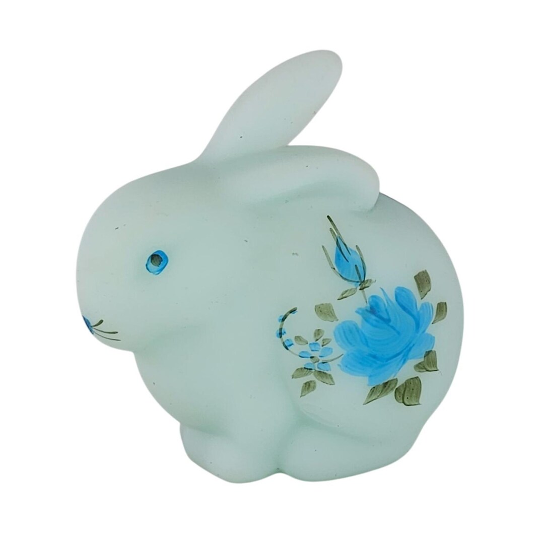Fenton Glass Rabbit Figurine Blue Satin Bunny Roses Signed - Etsy
