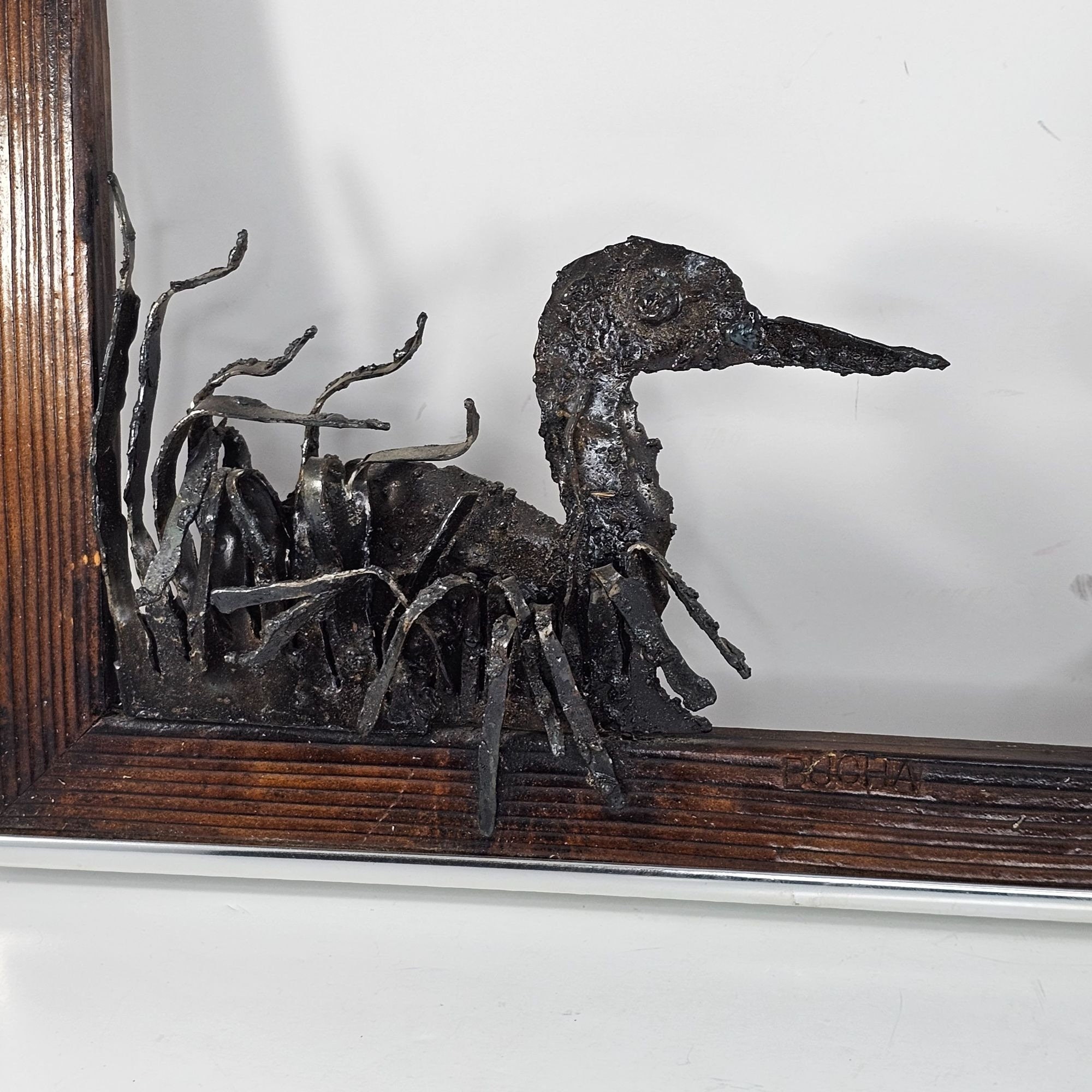Mike Bucha Brutalist Welded Bronze Metal Crane Duck Bird Marsh Framed ...