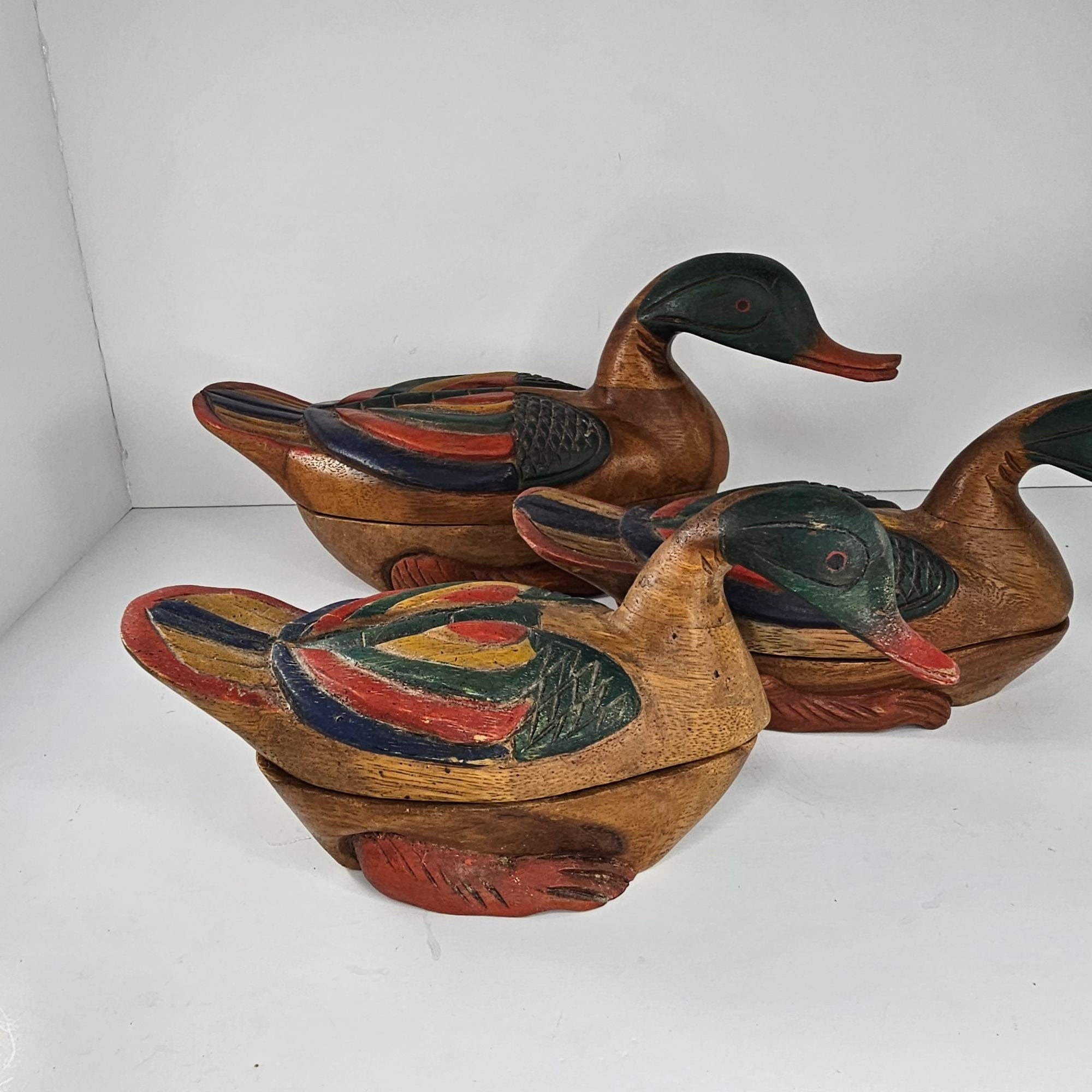 Vintage Wood Carved Duck Trinket Box Storage Set Hand Painted - Etsy