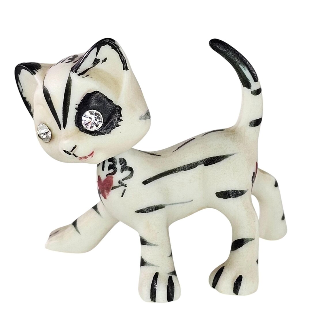 Striped Ceramic Cat Bobble Head Nodder Figurine Rhinestone Eyes Signed ...