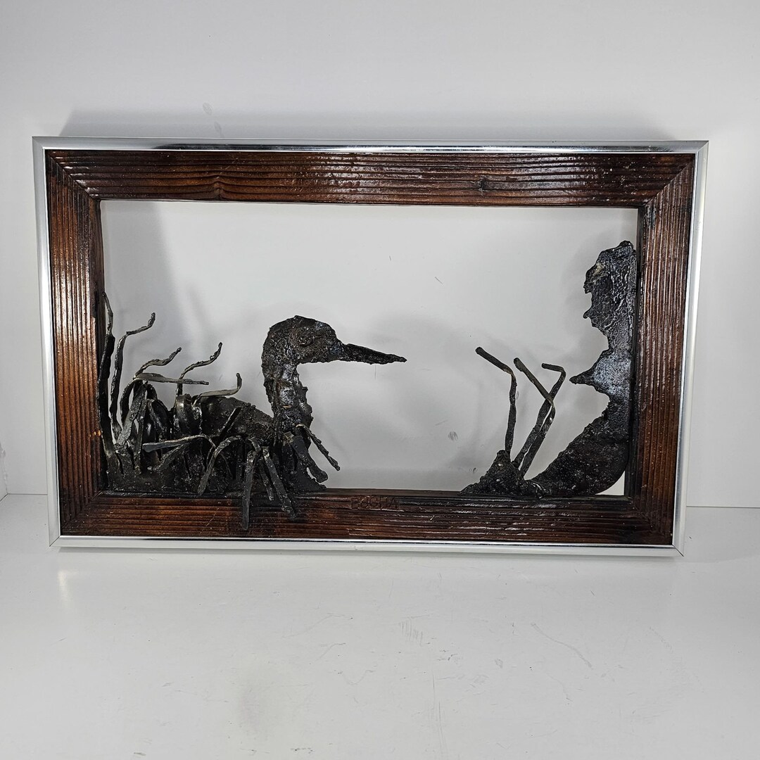 Mike Bucha Brutalist Welded Bronze Metal Crane Duck Bird Marsh Framed ...