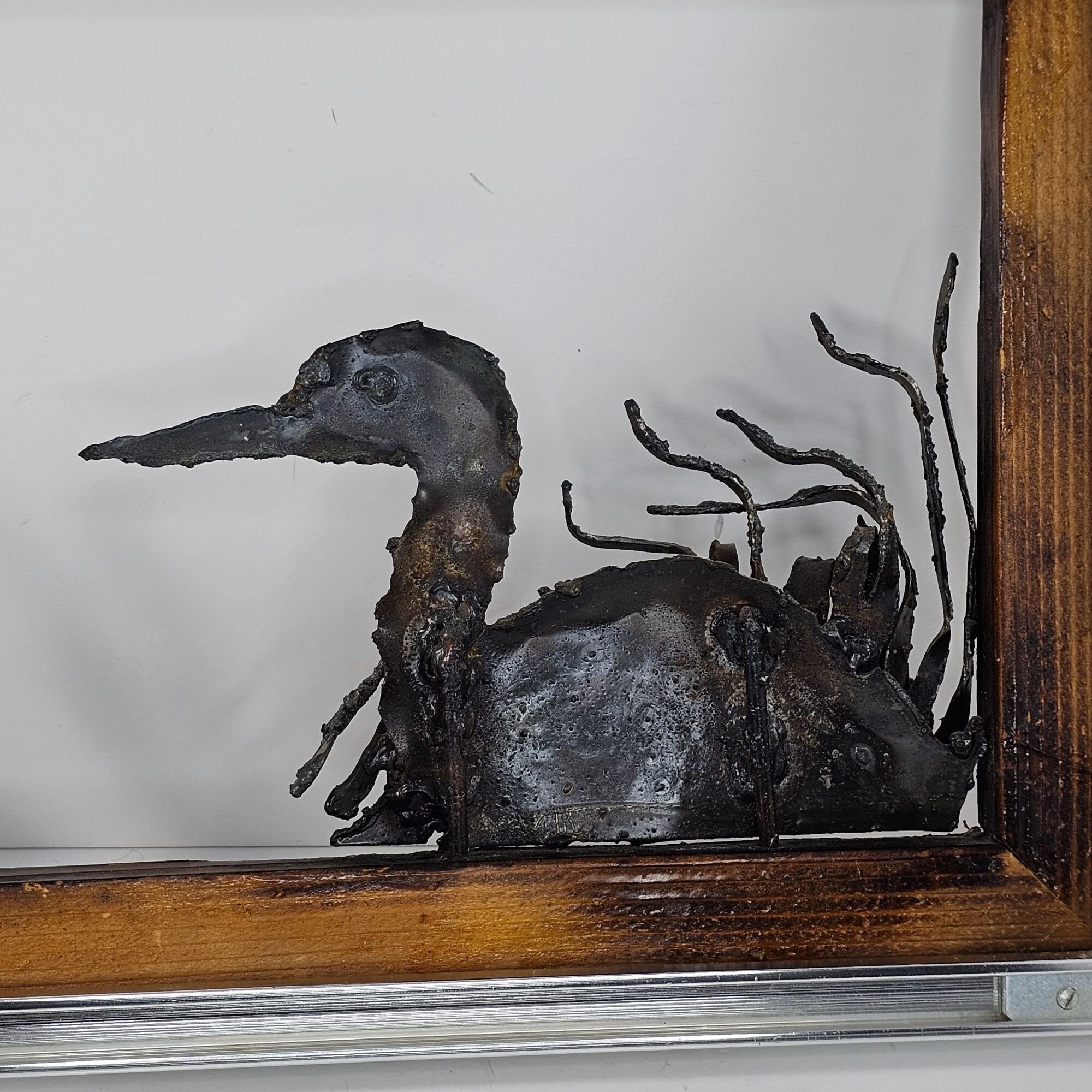 Mike Bucha Brutalist Welded Bronze Metal Crane Duck Bird Marsh Framed ...