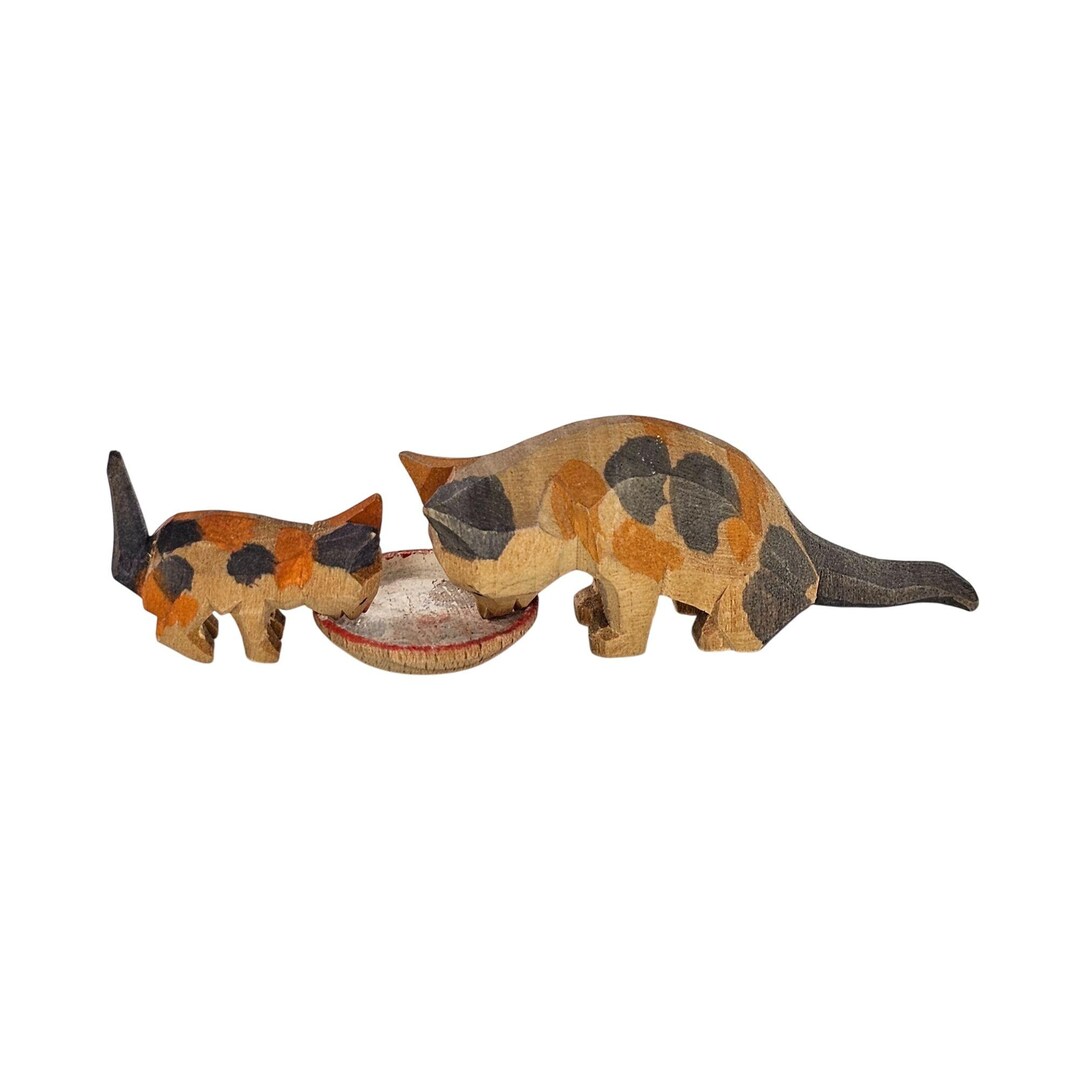 Erzgebirge Emil Helbig Wood Carved Mother and Baby Calico Cat With Milk ...