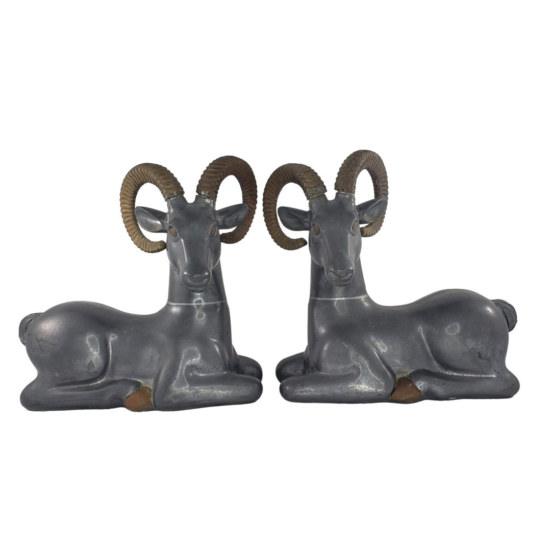 Art Deco Pewter Brass Ram Bookend Pair Vintage - Etsy