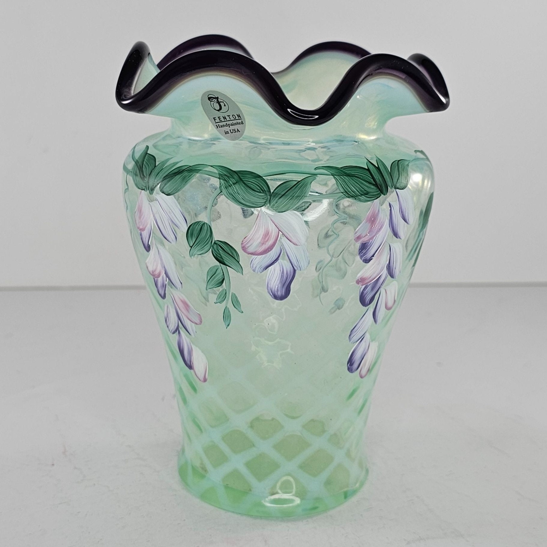 Fenton Willow Green Diamond Optic Plum Crest Wisteria Flowers Vase ...