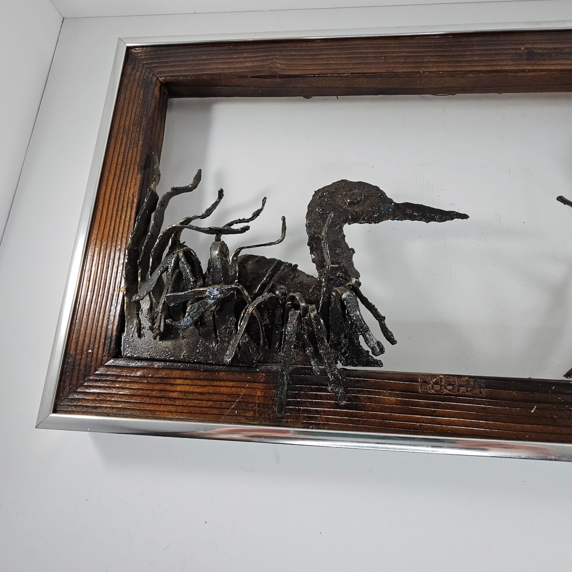 Mike Bucha Brutalist Welded Bronze Metal Crane Duck Bird Marsh Framed ...