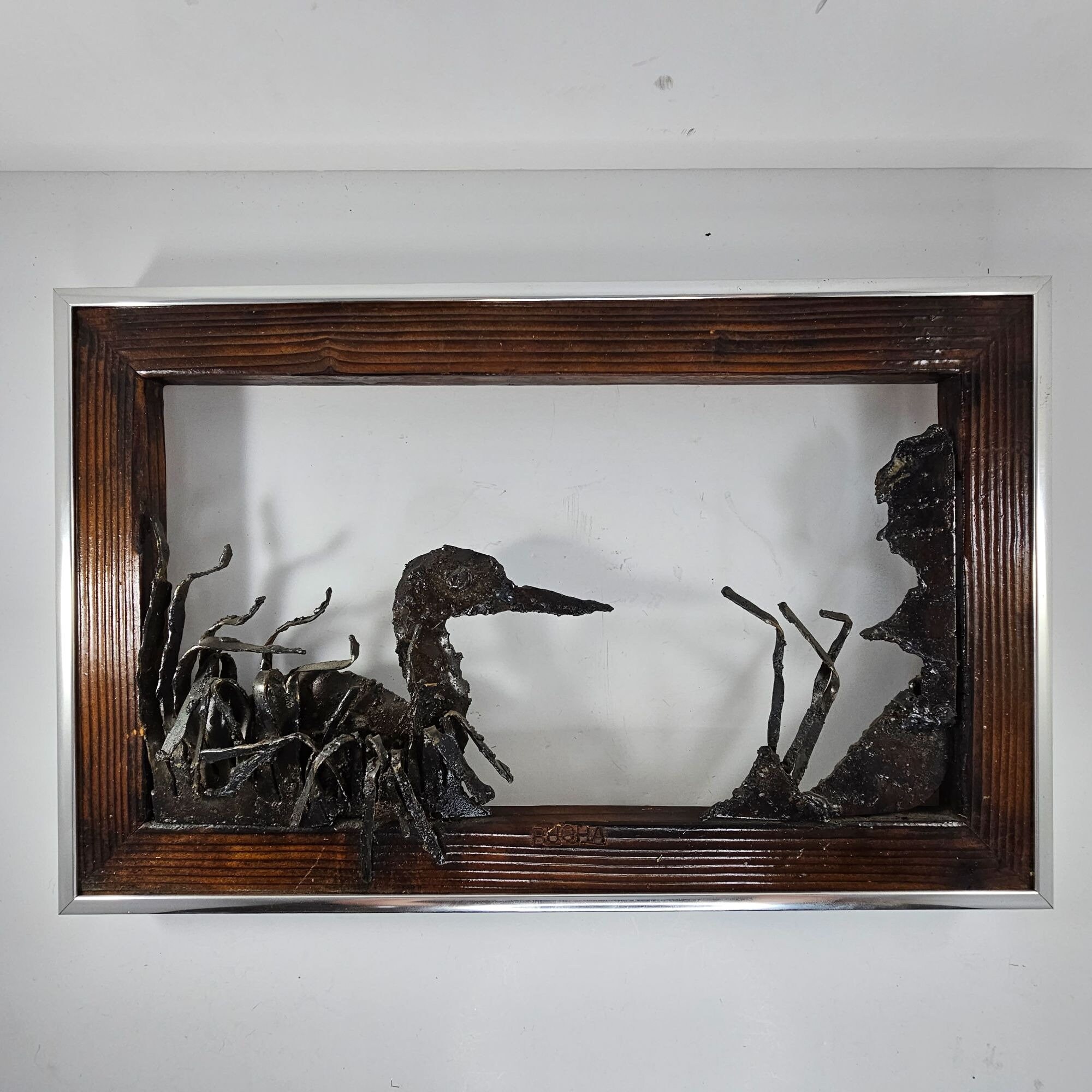 Mike Bucha Brutalist Welded Bronze Metal Crane Duck Bird Marsh Framed ...