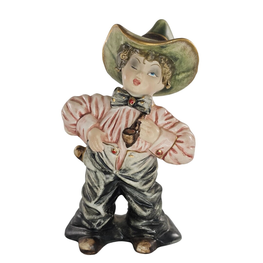 Vintage Italy Cowboy Ceramic Figurine Winking Holding Pipe Hand Painted ...