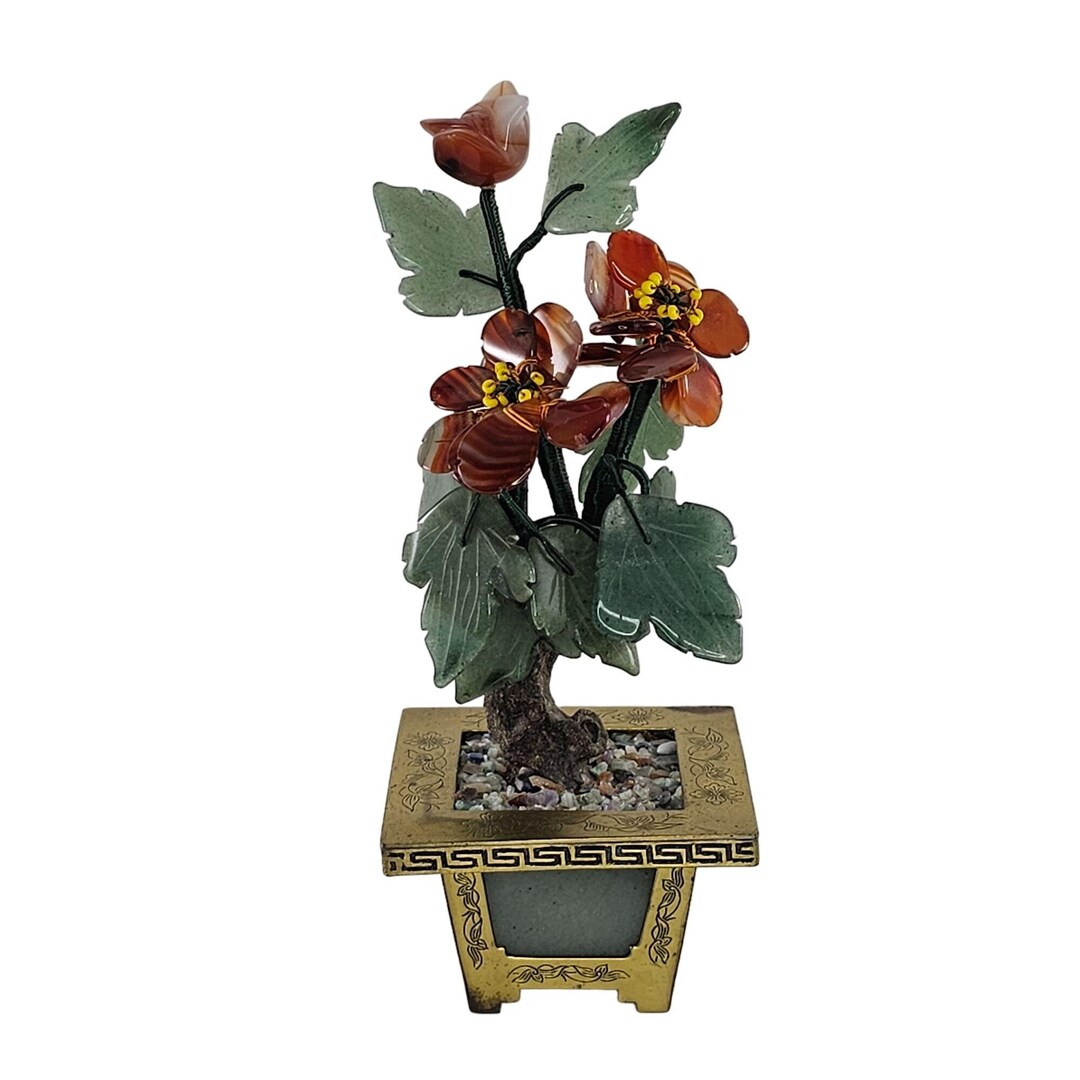 Vintage Chinese Jade Bonsai Tree Carved Carnelian Gemstone Brass ...
