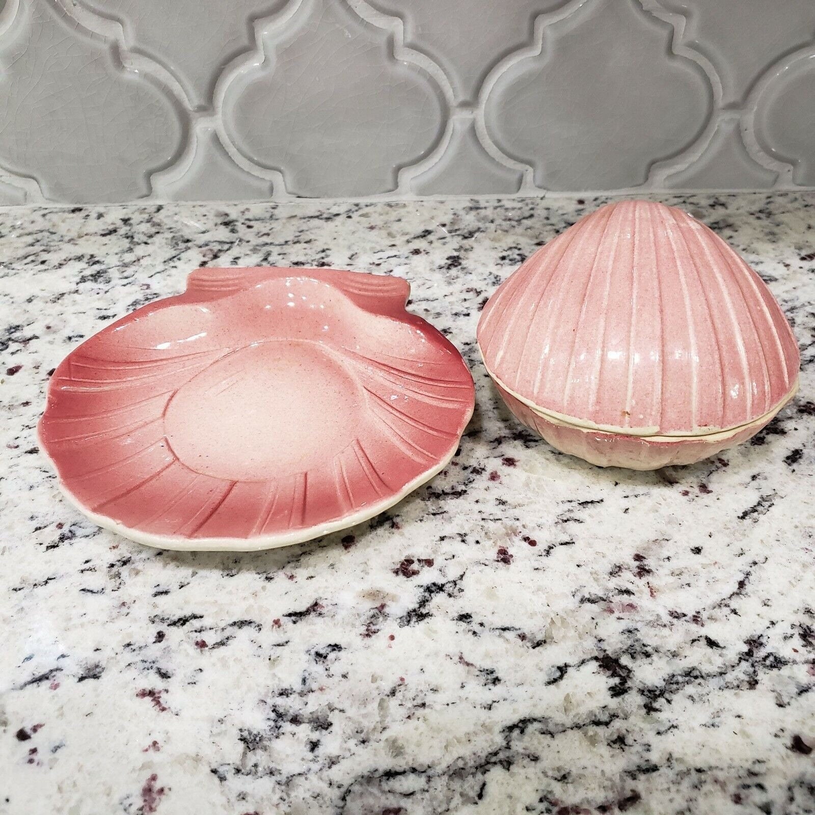 Vintage Japan Pink Clam Sea Shell Trinket Box Dish Set Soap Vanity ...