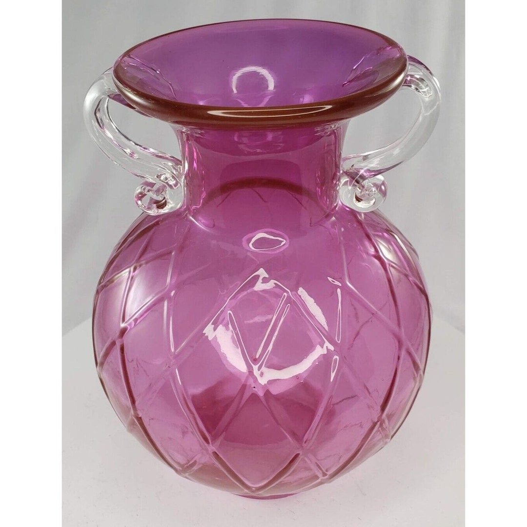 Cranberry Pink Glass Vase Double Handles Diamond Quilt Pattern - Etsy