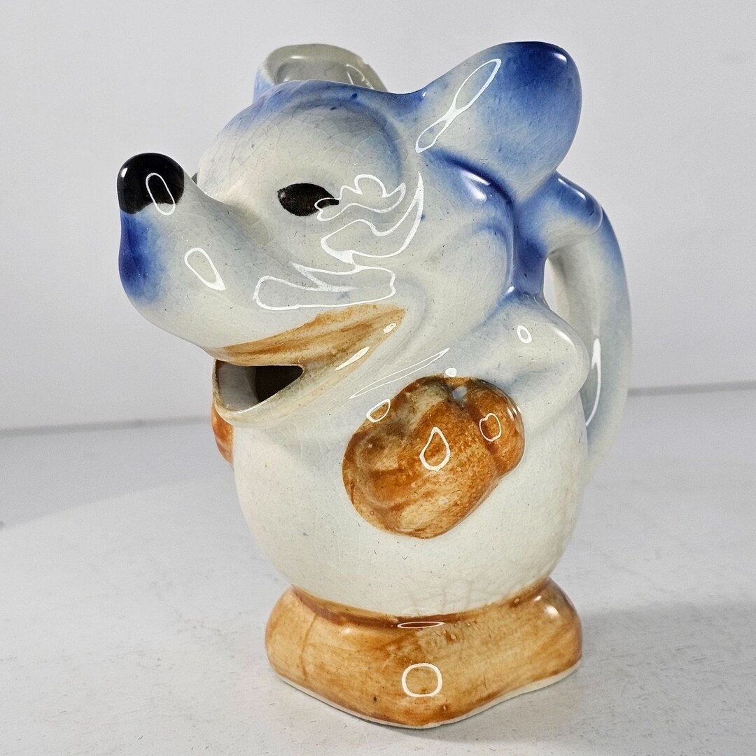 Vintage Mickey Mouse Creamer Pitcher Blue Ceramic Brown Gloves Long ...