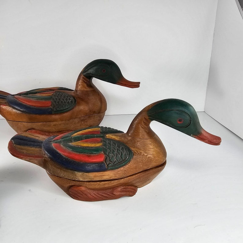 Vintage Wood Carved Duck Trinket Box Storage Set Hand Painted - Etsy