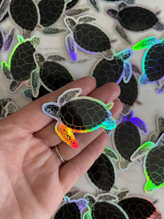 Turtle Holographic Vinyl Sticker Sea Turtle Black and - Etsy