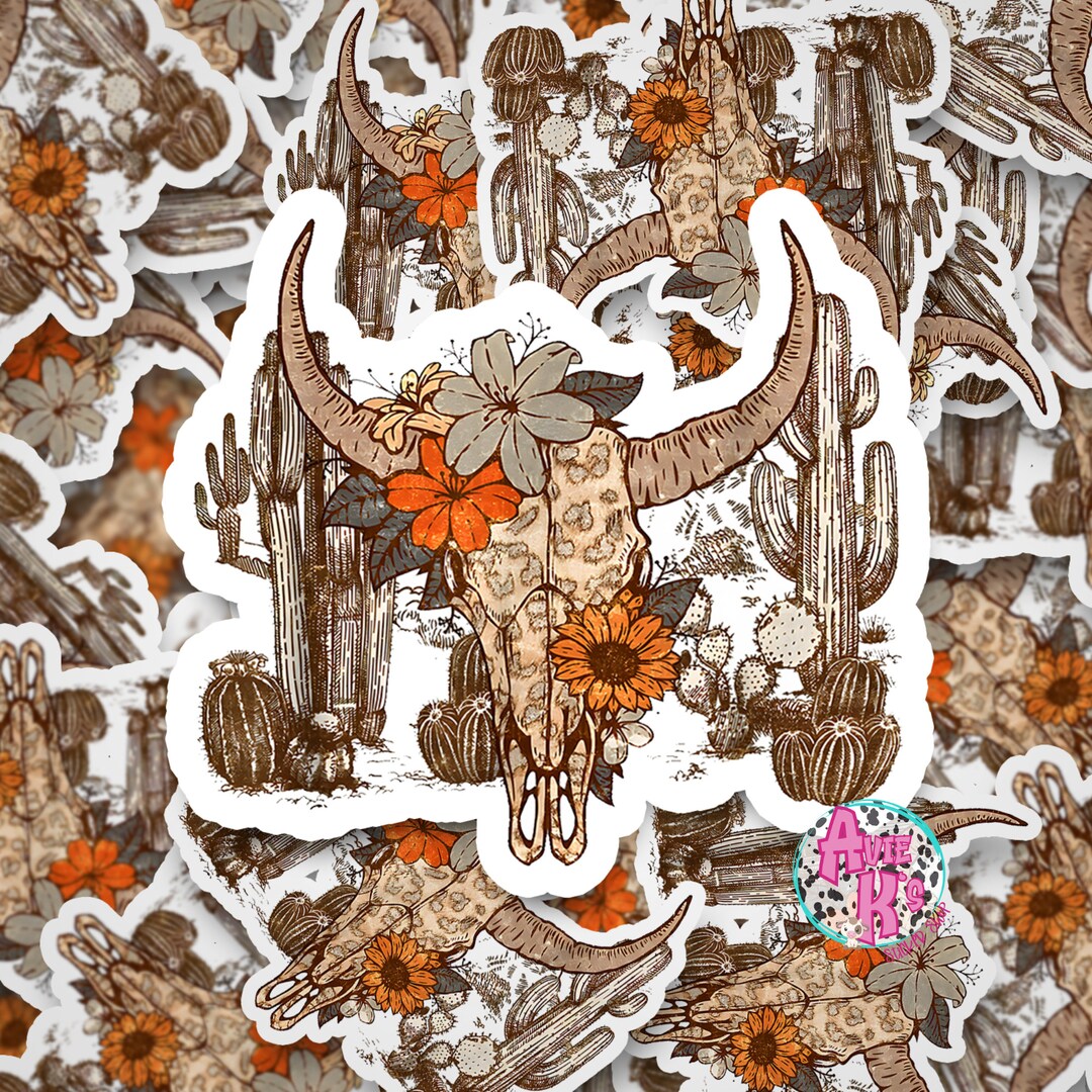 Cow Skull Boho Sticker, Boho, Western, Cow Skull, Desert, Cactus ...