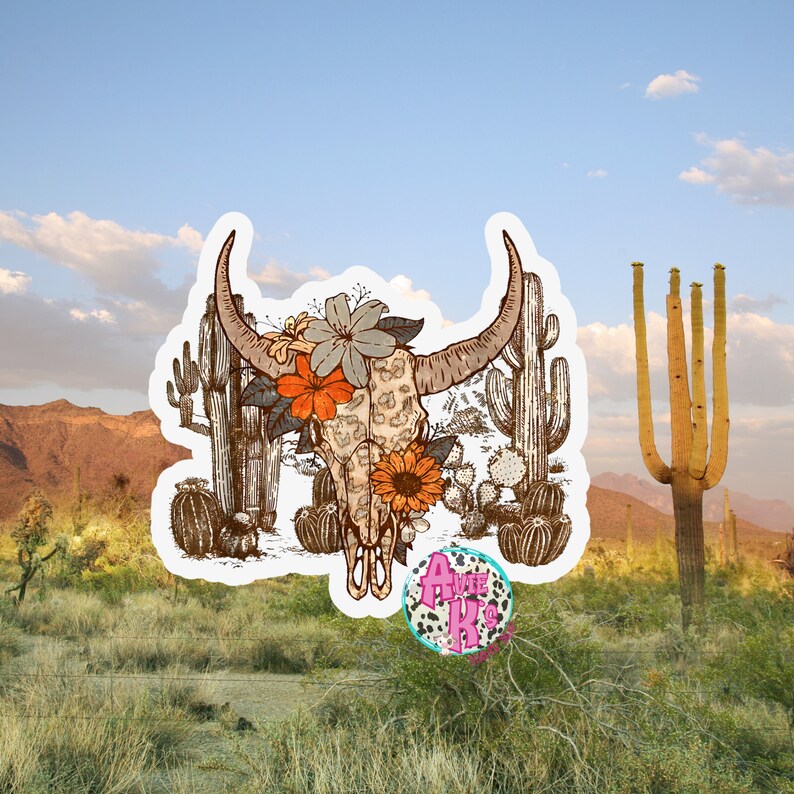 Cow Skull Boho Sticker, Boho, Western, Cow Skull, Desert, Cactus ...