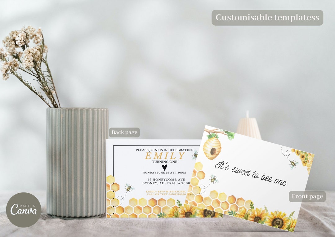 Editable Bee Birthday Invite Double Sided Bee Theme Invite - Etsy