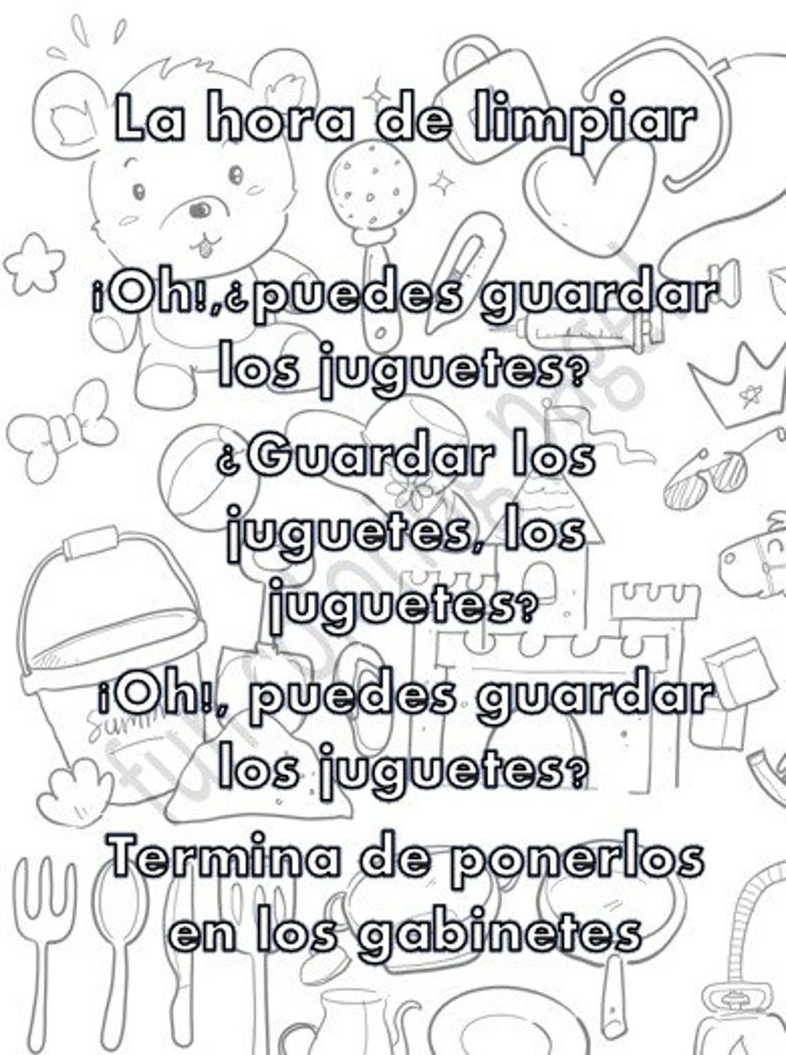 Clean up Time Song, Bilingual Coloring Page - Etsy