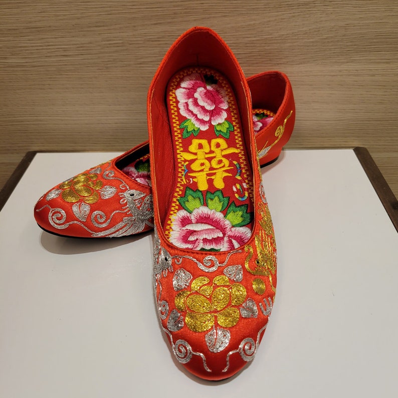 Golden Flower With Dragon and Phoenix Chinese Wedding Shoes ...