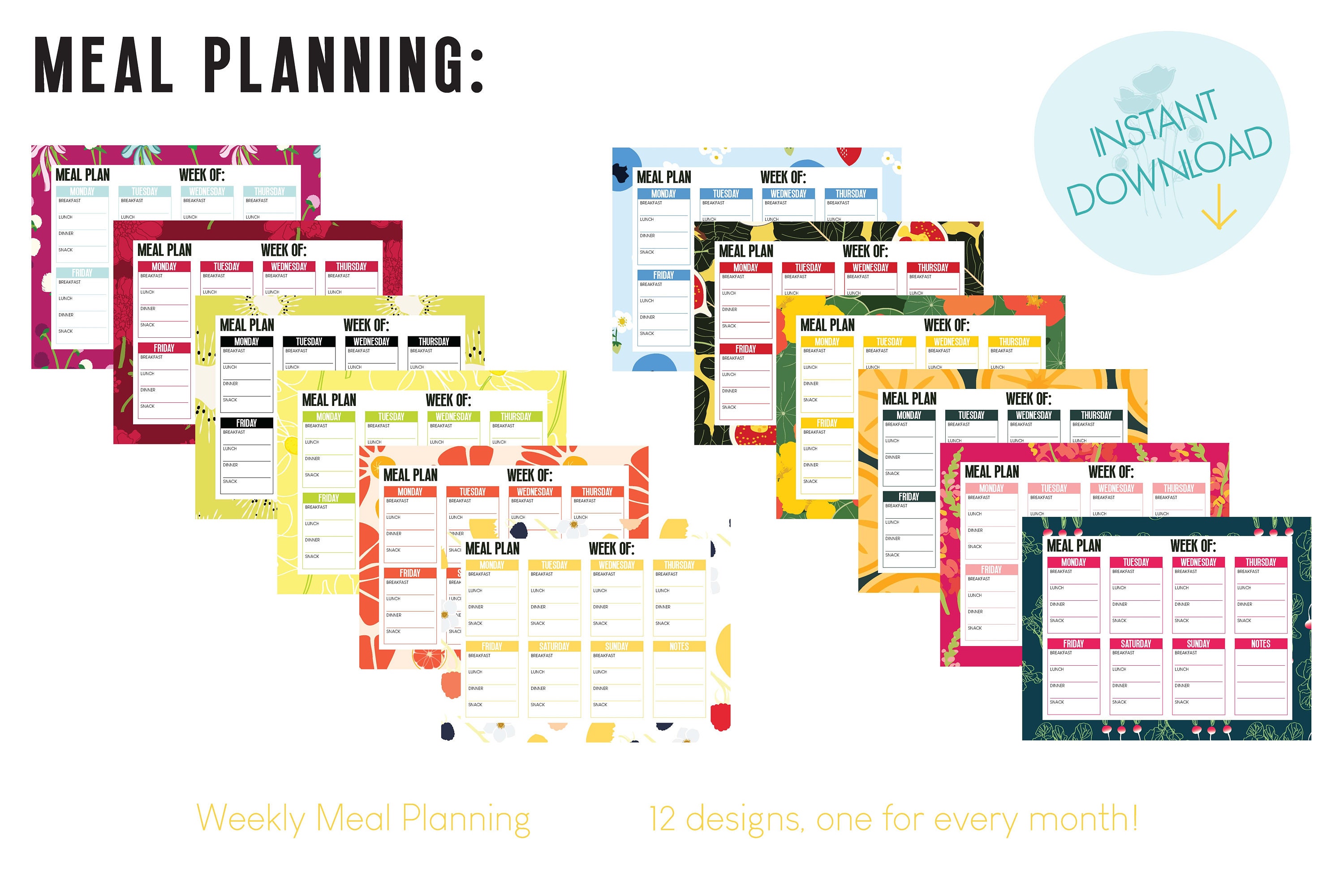 Weekly Meal Planner Printable Floral Fruit Colorful - Etsy