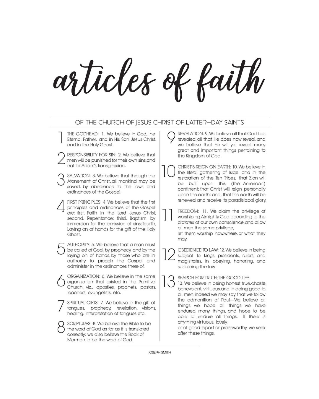 The Articles of Faith Digital Print LDS Religious Wall Art Church of ...