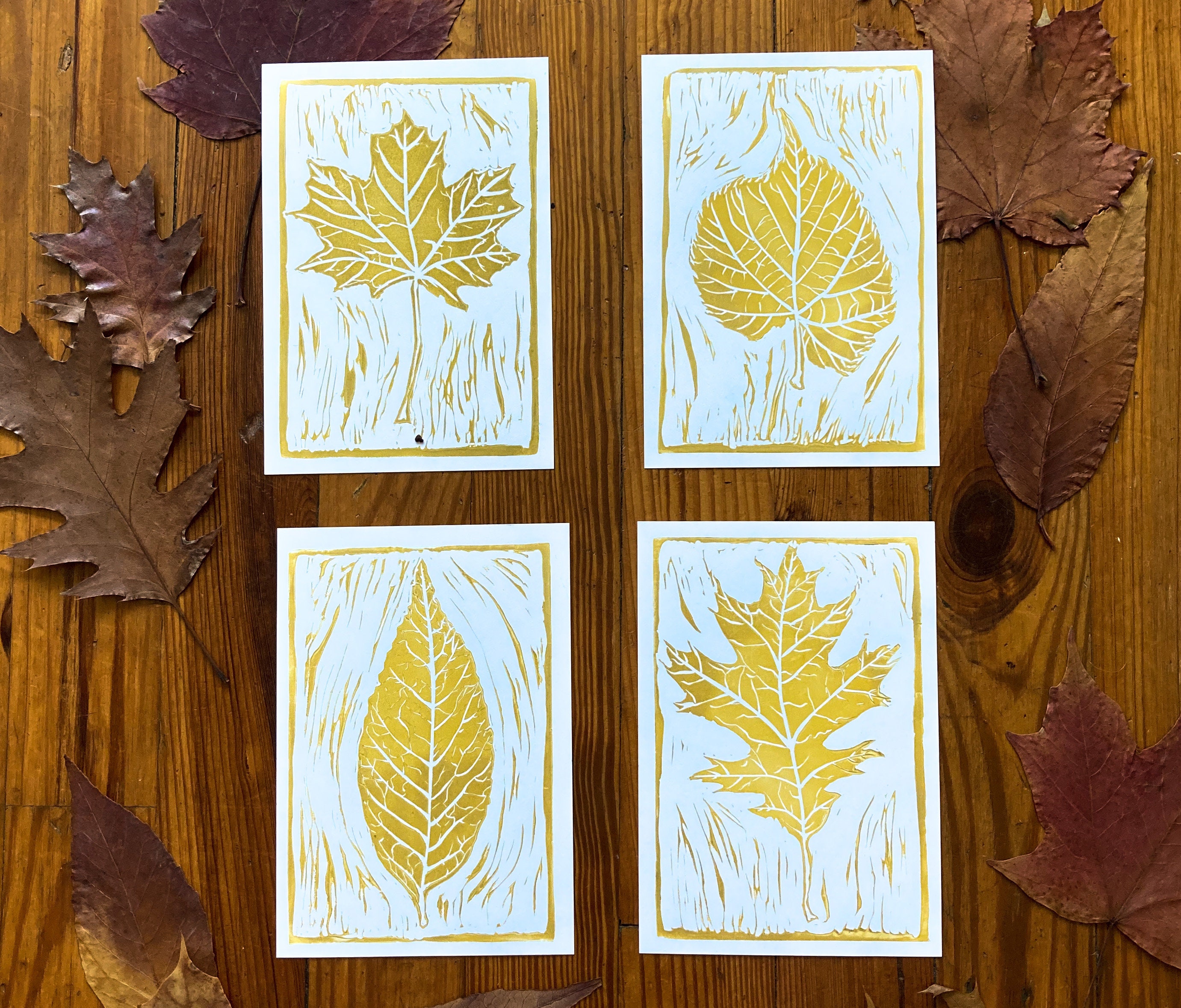 Leaf Linocut Print Set Botanical Block Prints Rustic Decor Set of 4 ...