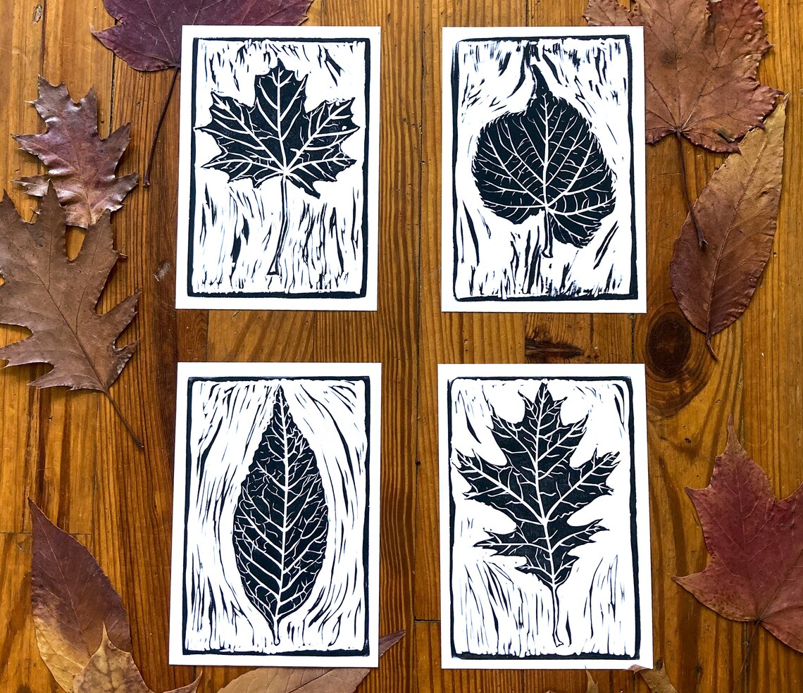 Leaf Linocut Print Set Botanical Block Prints Rustic Decor Set of 4 ...