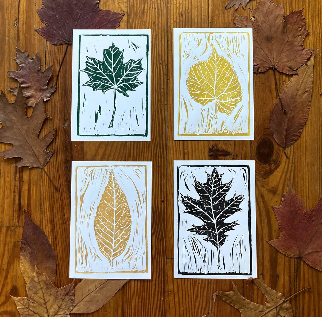 Leaf Linocut Print Set | Botanical Block Prints | Rustic Decor | Set of ...
