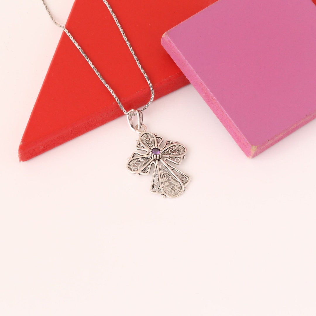 Filigree Silver Cross Necklace, 925 Sterling Silver Amethyst Pendant ...