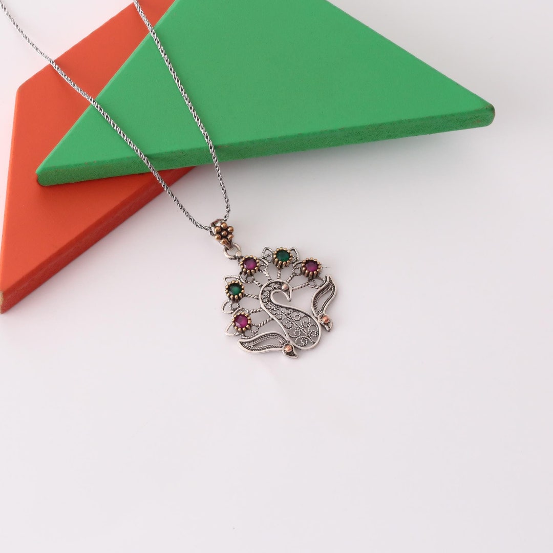 Sterling Silver Peacock Pendant Necklace: Handmade Filigree Bird ...