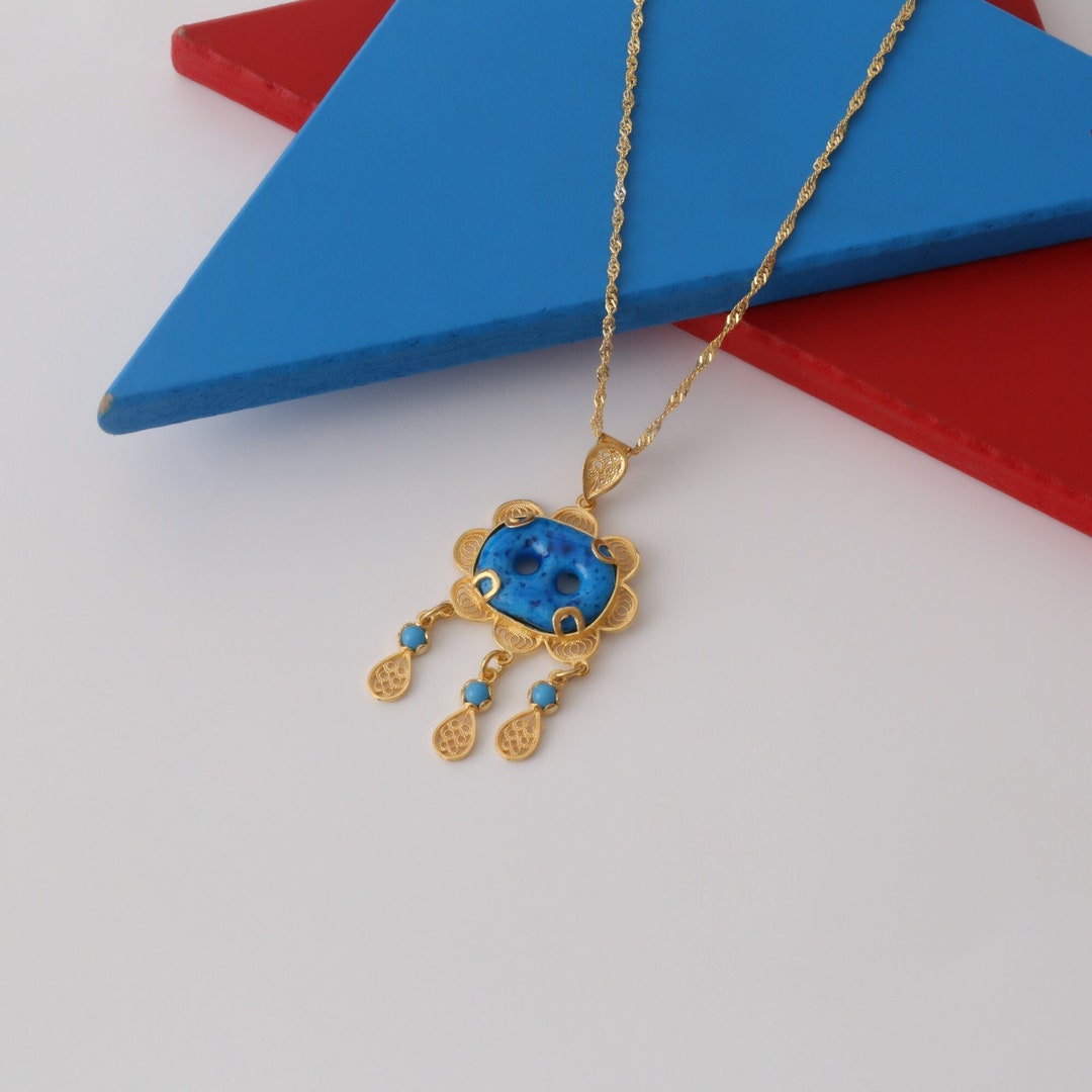 Handmade Filigree Syrian Necklace, Good Lucky Turquoise Necklace, Gold ...