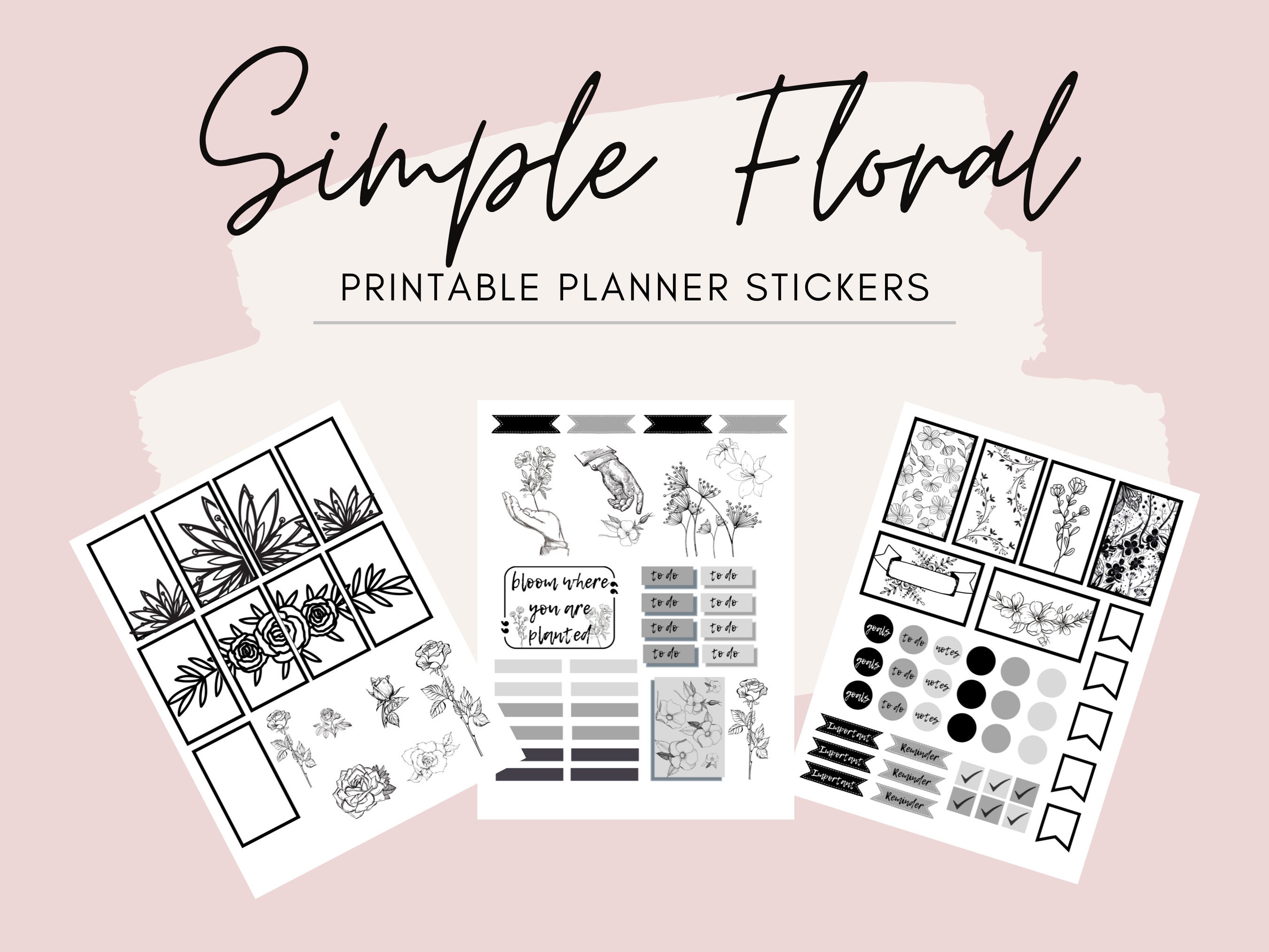 Printable Floral Planner Stickers - Stickers for Happy Planner, Black ...
