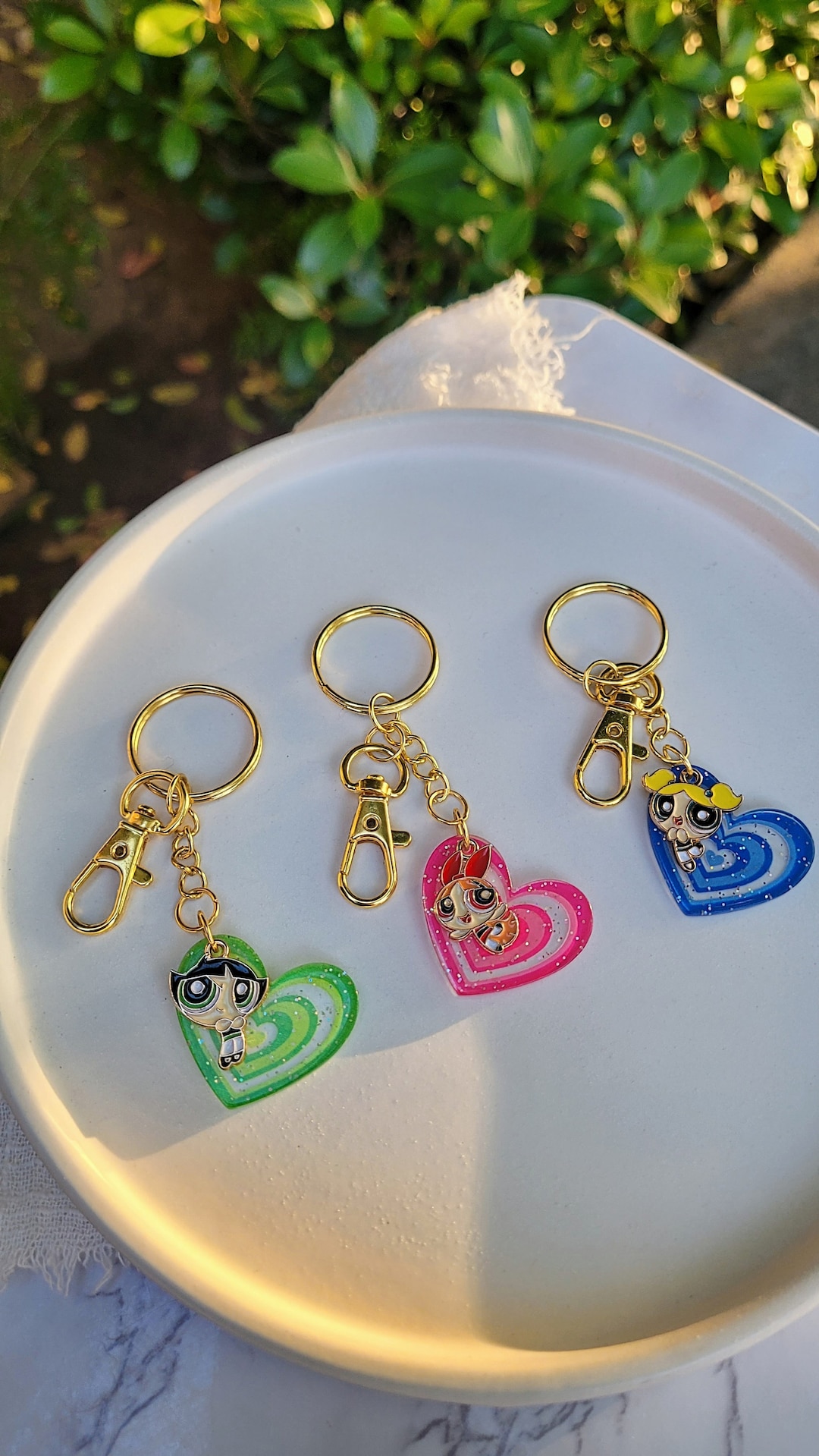 Power Girls Keychain: Gold Enamel Heart Charm, Backpack Accessory - Etsy