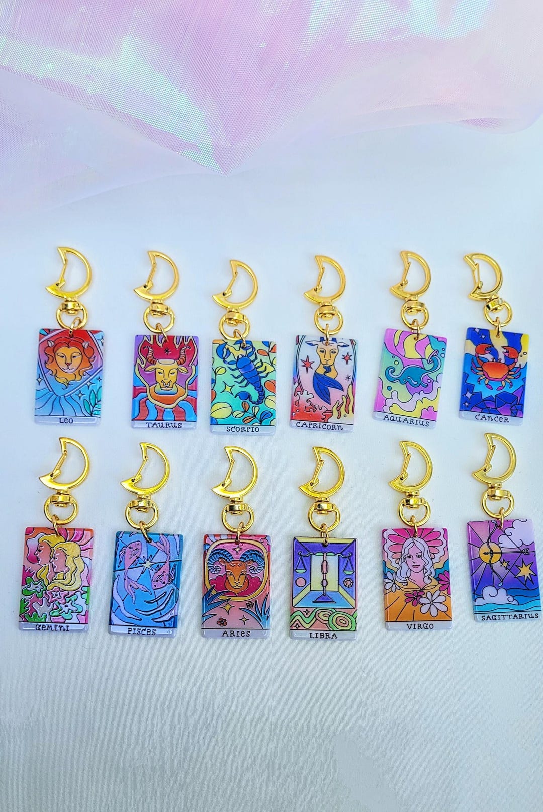 Zodiac Tarot Card Keychain: Gold Moon Hook, Astrology Gift - Etsy