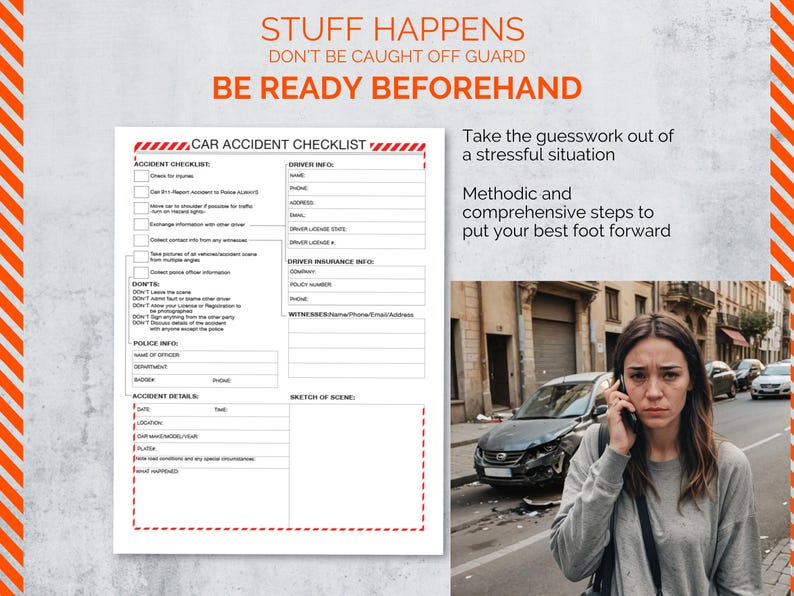 Emergency Car Safety Kit Printable Pack - Accident Checklist, Contact ...