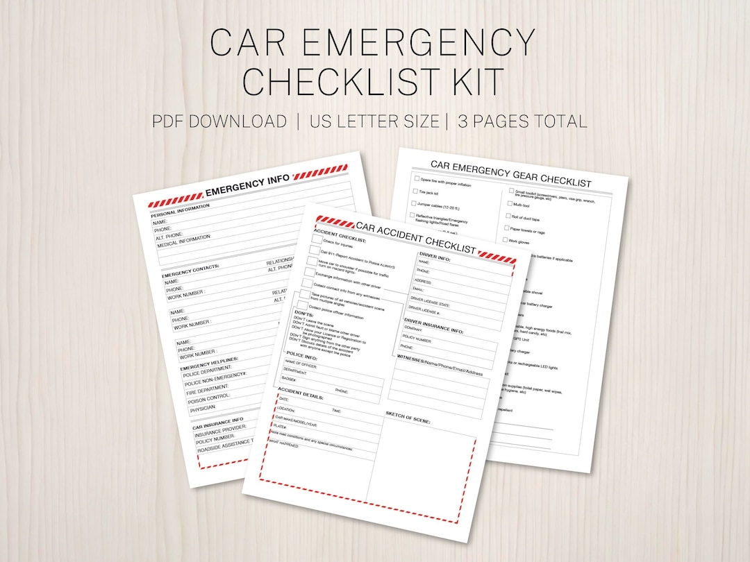 Emergency Car Safety Kit Printable: Contact Form, Accident Checklist ...