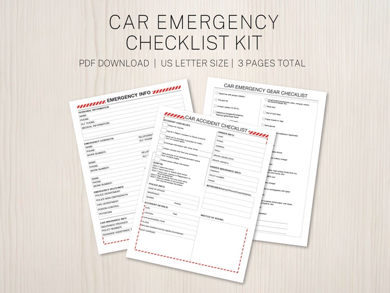 Emergency Car Safety Kit Printable: Contact Form, Accident Checklist ...