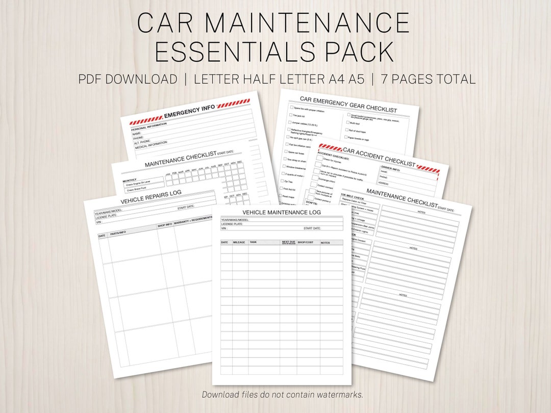 Ultimate Car Maintenance Kit, Printable Vehicle Care Logs & Emergency ...