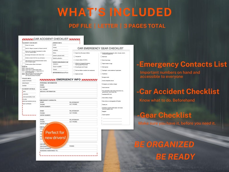Printable Road Emergency Checklist Pack - Accident Form, Safety ...