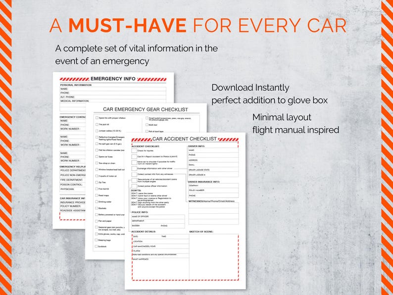 Emergency Car Safety Kit Printable Pack - Accident Checklist, Contact ...