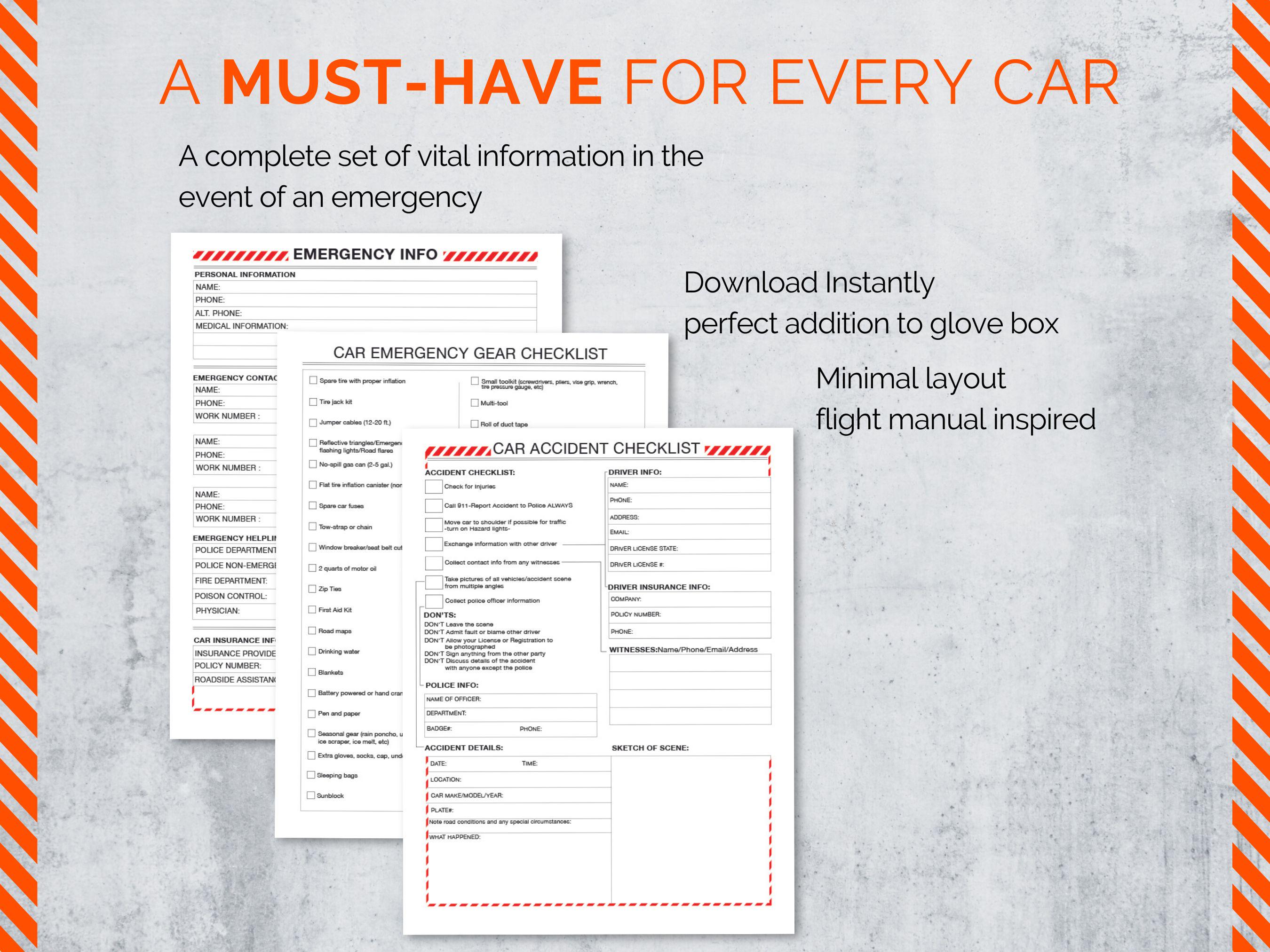 Emergency Car Safety Kit Printable Pack - Accident Checklist, Contact ...