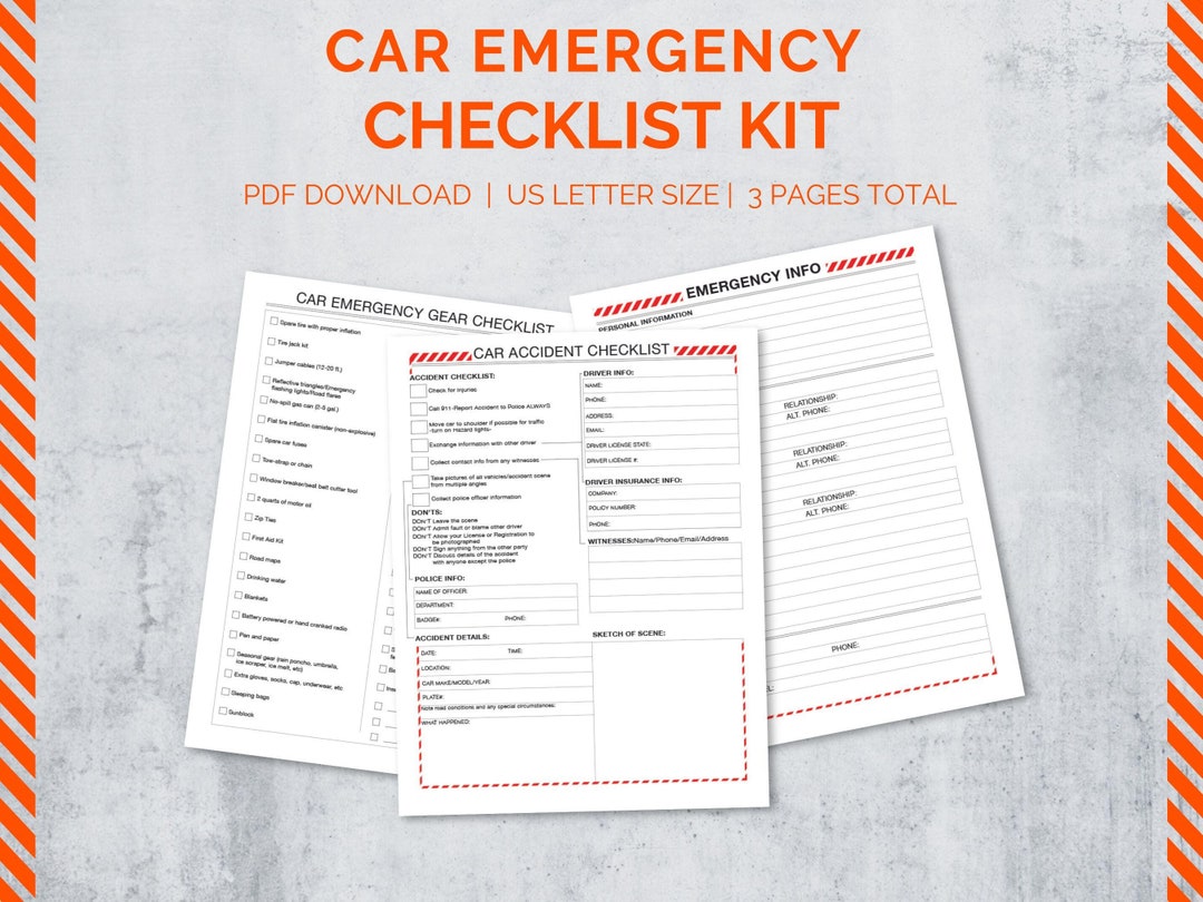Emergency Car Safety Kit Printable Pack - Accident Checklist, Contact ...