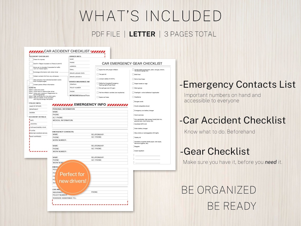 Emergency Car Safety Kit Printable: Contact Form, Accident Checklist ...