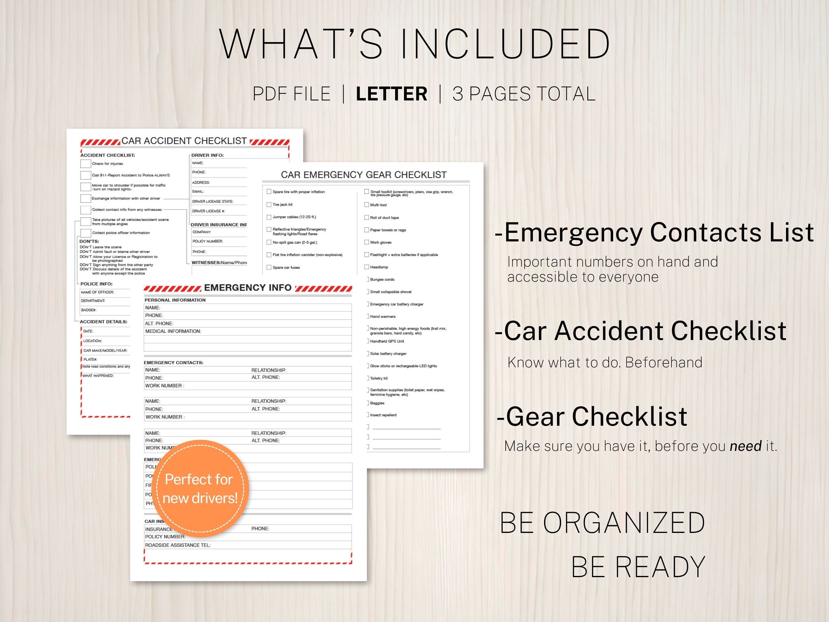 Emergency Car Safety Kit Printable: Contact Form, Accident Checklist ...