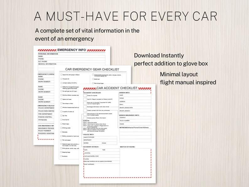 Emergency Car Safety Kit Printable: Contact Form, Accident Checklist ...