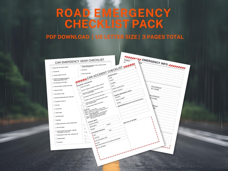 Printable Road Emergency Checklist Pack - Accident Form, Safety ...