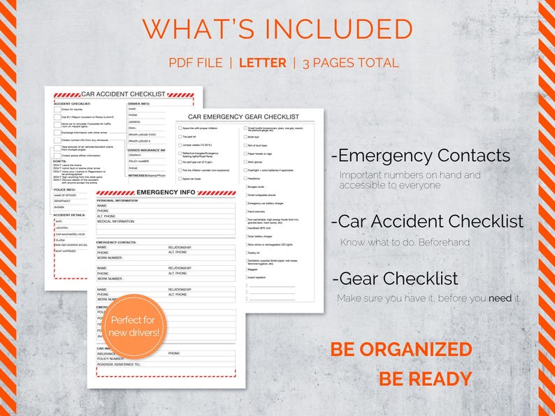 Emergency Car Safety Kit Printable Pack - Accident Checklist, Contact ...
