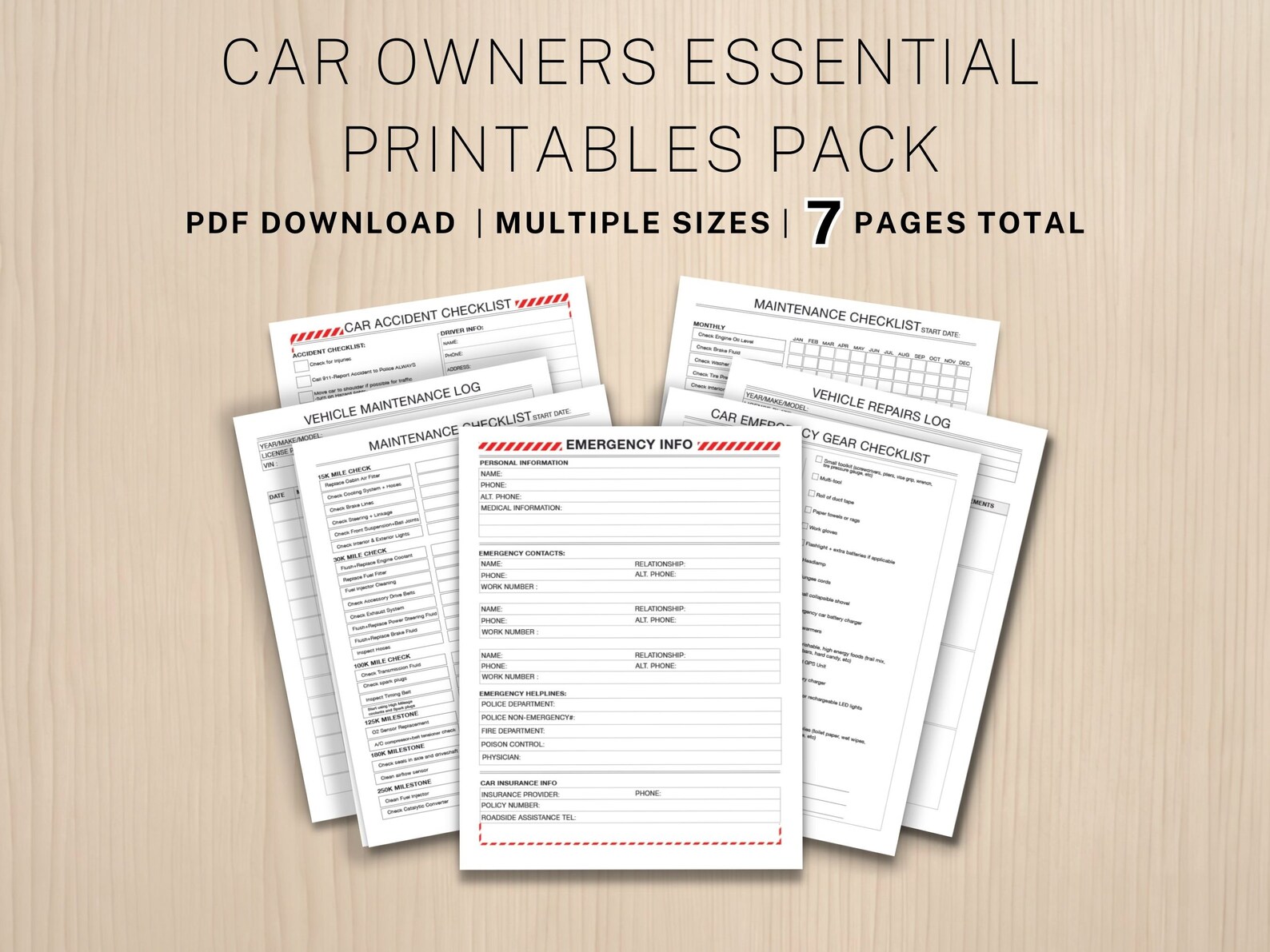 Car Owner Essential Printables Pack, Maintenance Checklists, Emergency ...